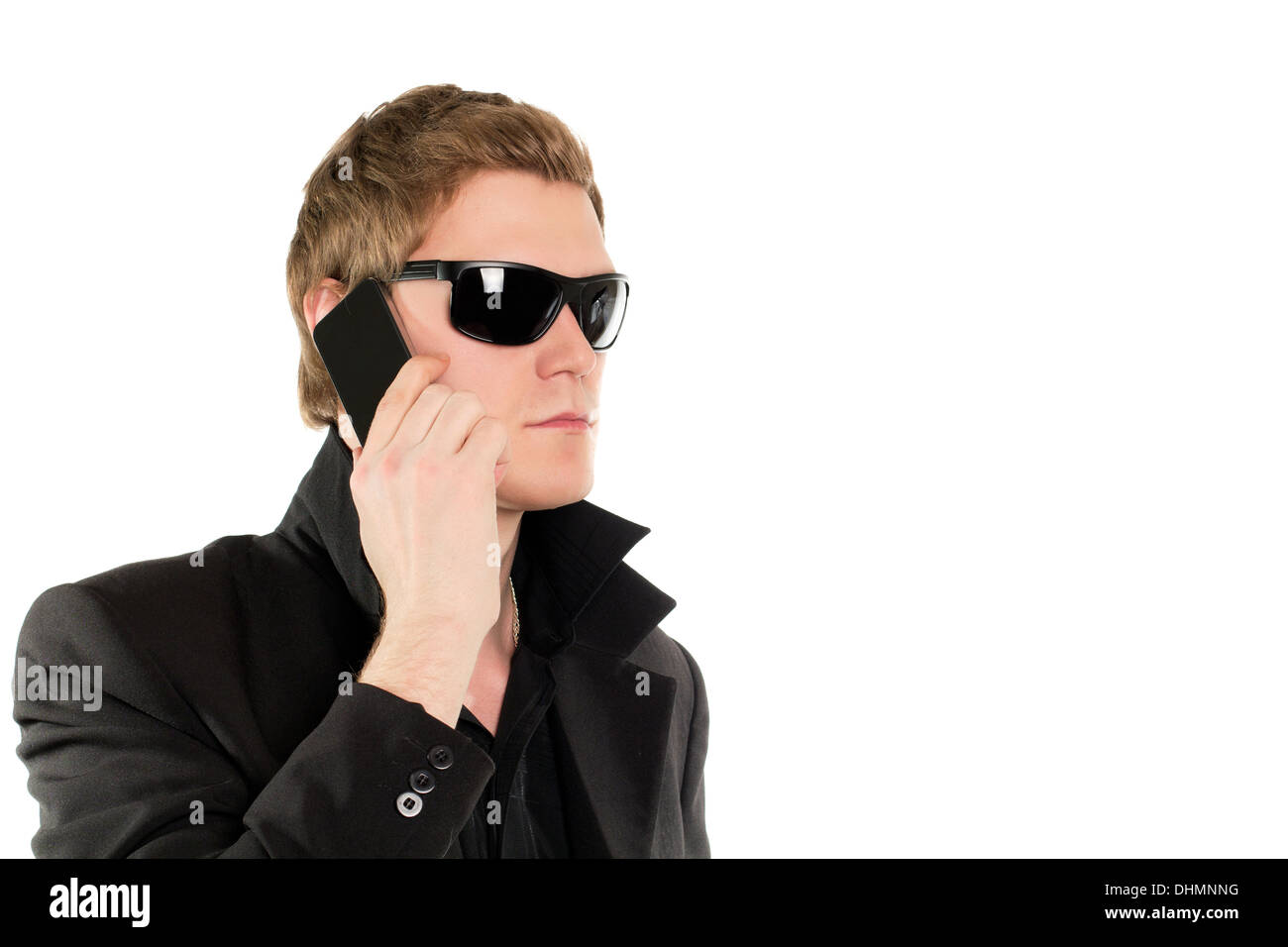 Phone thinking guy on black hi-res stock photography and images - Alamy
