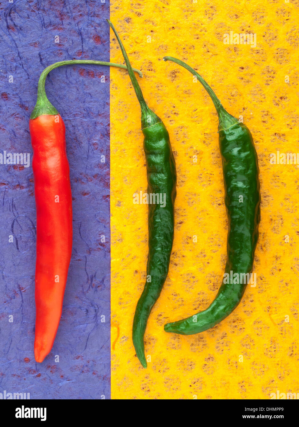 Chilli Peppers on coloured paper backgrounds Stock Photo - Alamy