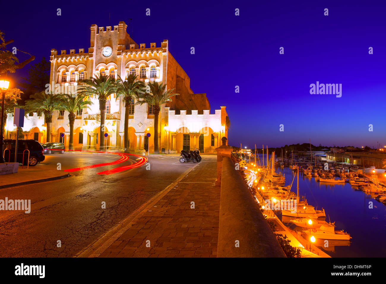 Ciutadella Menorca city town Hall and Port sunset with boats in ...