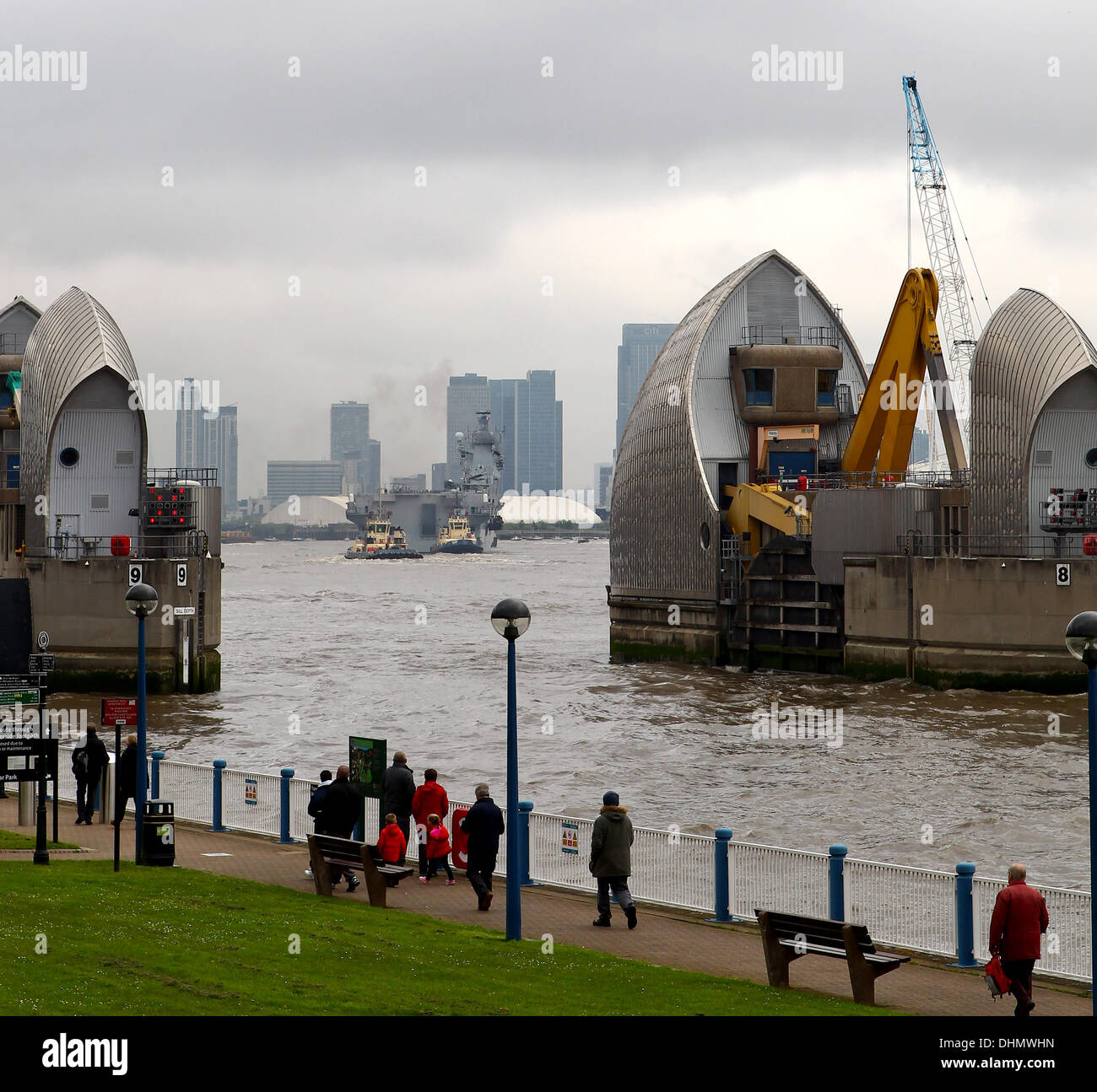 The HMS Ocean arrives in London through the Thames barrier. The ...