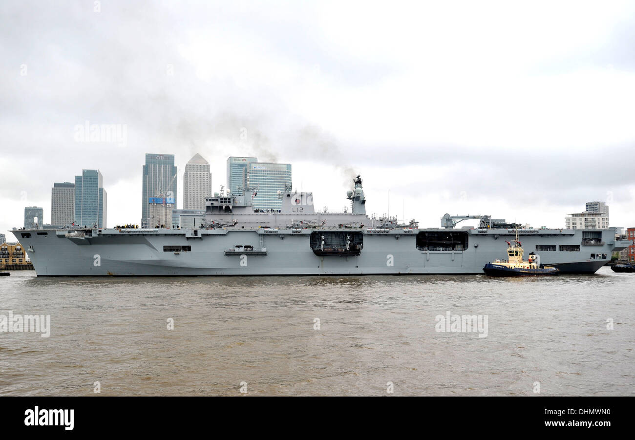 The HMS Ocean arrives in London through the Thames barrier. The ...