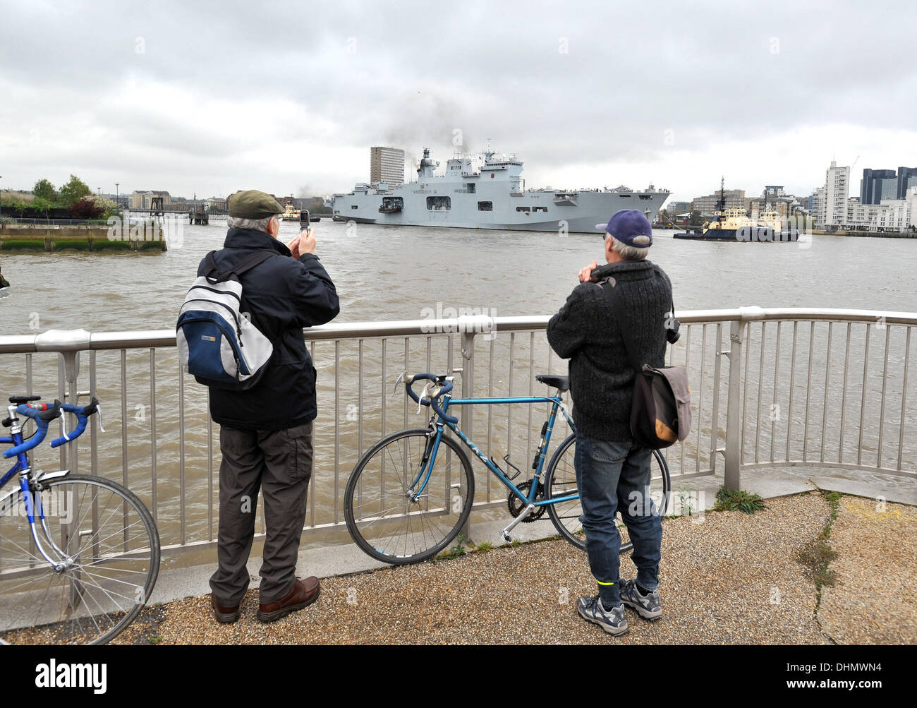 The HMS Ocean arrives in London through the Thames barrier. The ...