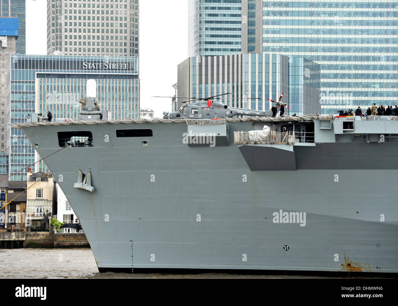 The HMS Ocean arrives in London through the Thames barrier. The ...