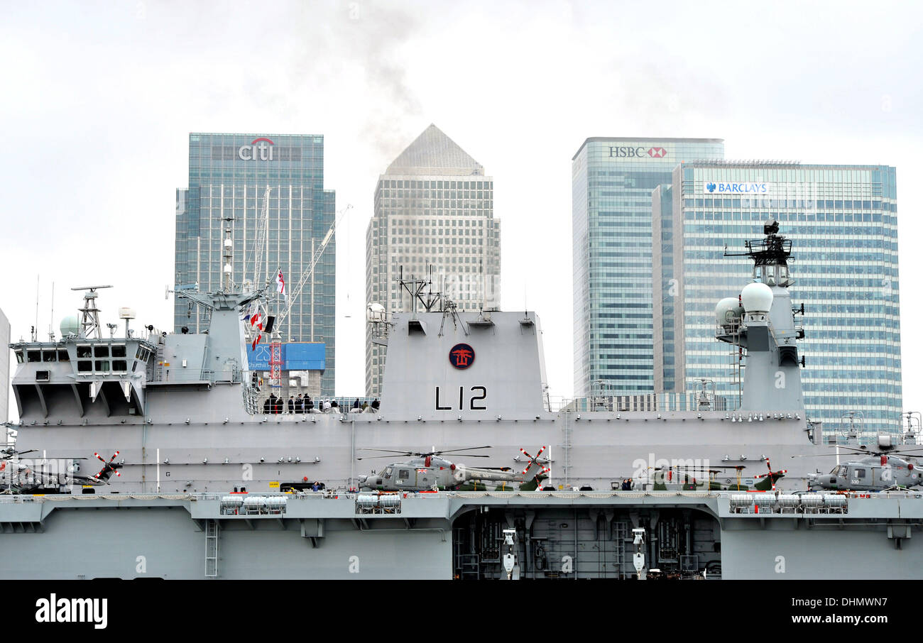 The HMS Ocean arrives in London through the Thames barrier. The ...