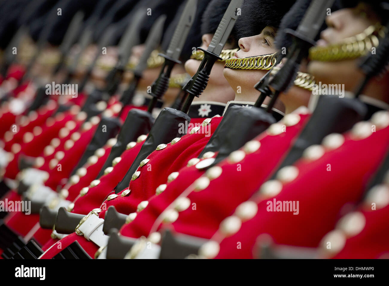 British soldiers from the Coldstream Guards march during a ceremony ...