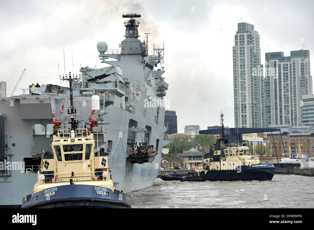 The HMS Ocean arrives in London through the Thames barrier. The ...