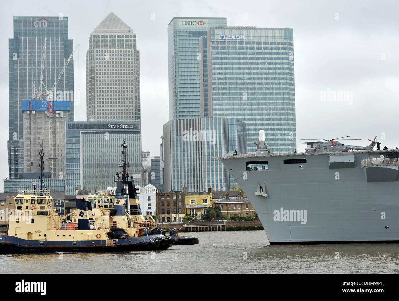 The HMS Ocean arrives in London through the Thames barrier. The ...