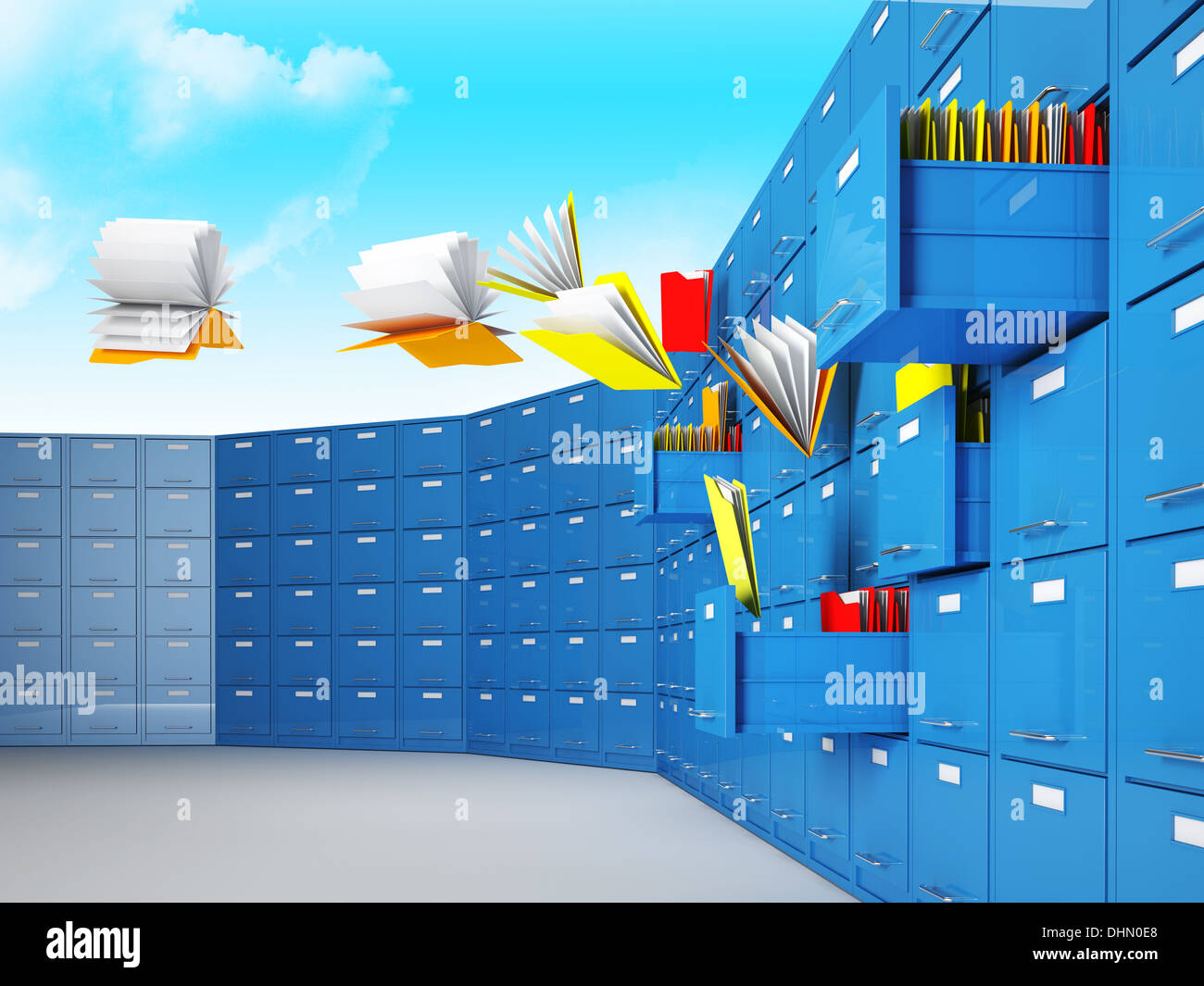3d image of flying document and file cabinet Stock Photo - Alamy