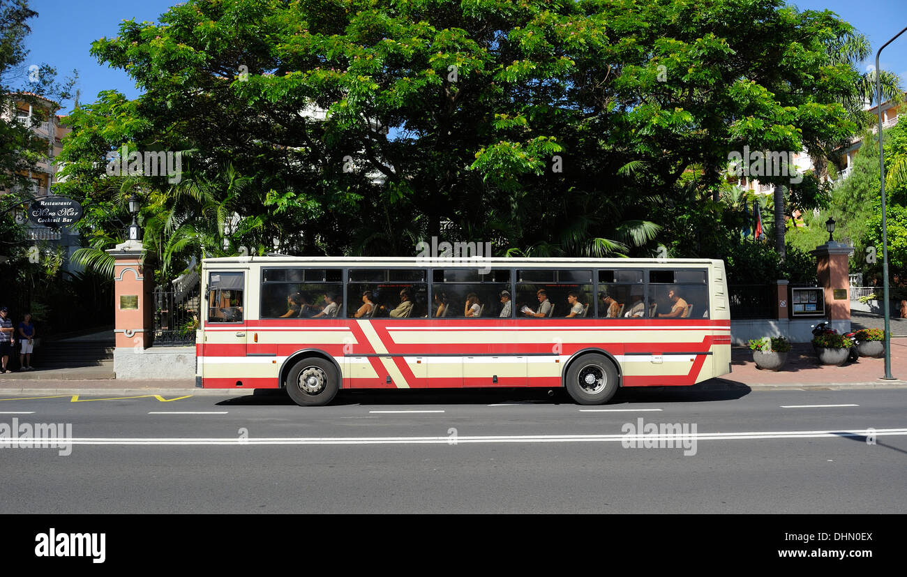 Funchal Madeira. People traveling to work on Volvo B10M single decker ...