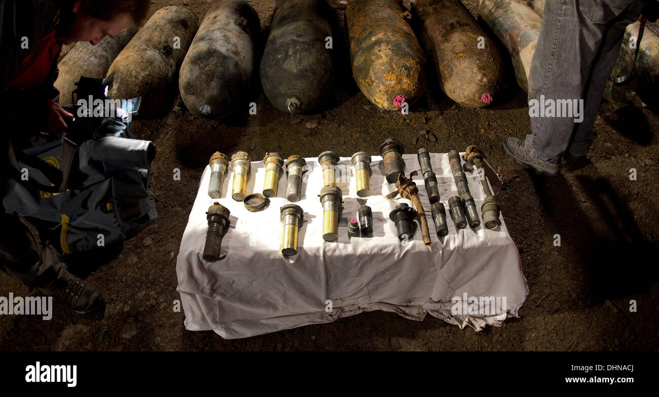 The detonators of eleven disarmed WWII aircfraft bombs are on display ...