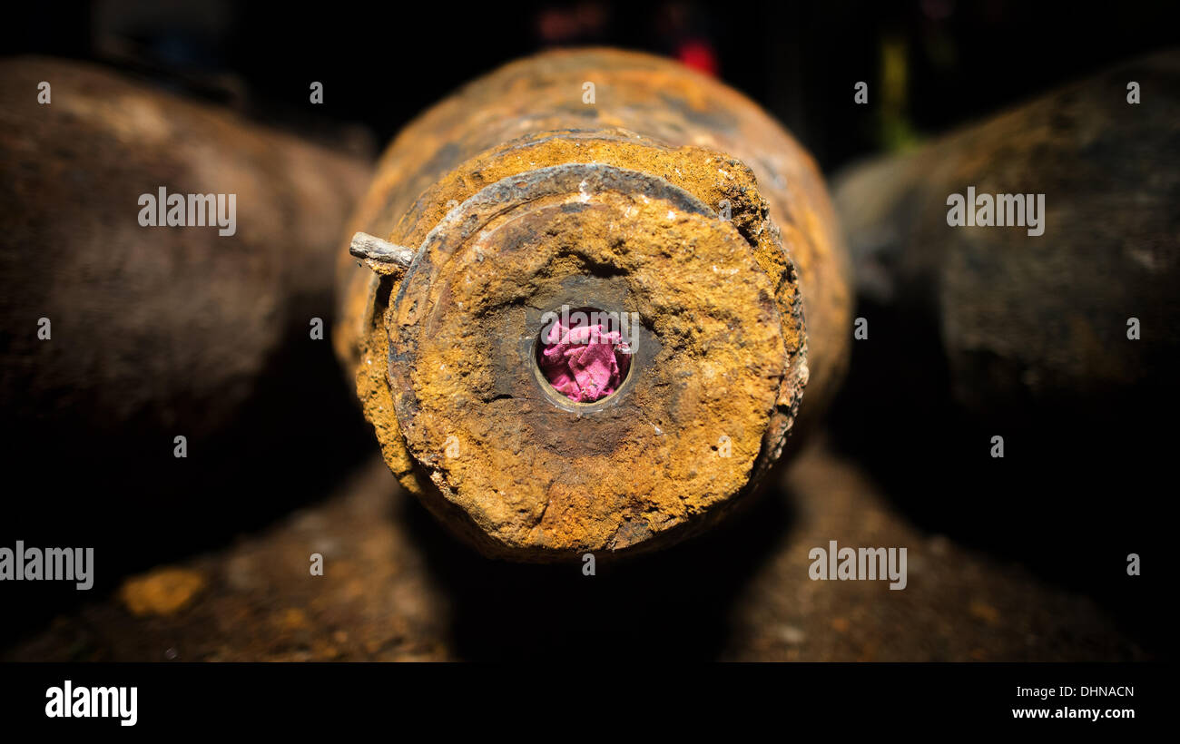 One eleven disarmed WWII aircfraft bombs are on display in the rural ...