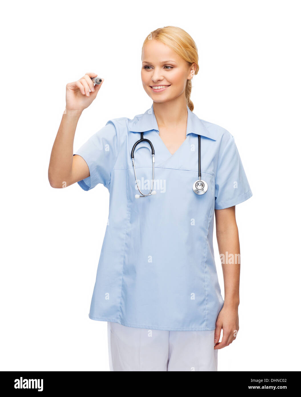 doctor or nurse working with something imaginary Stock Photo - Alamy