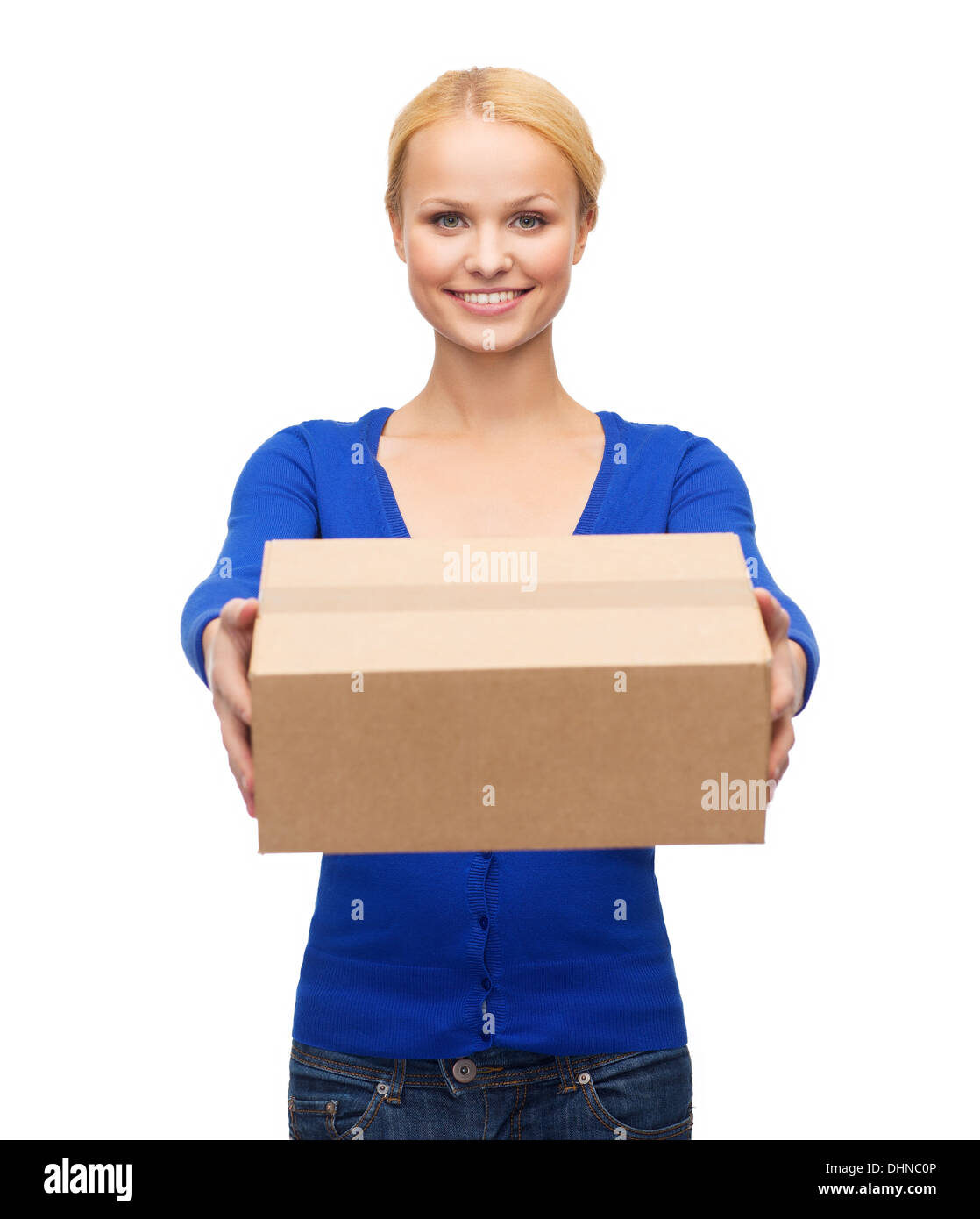 smiling woman in casual clothes with parcel box Stock Photo - Alamy