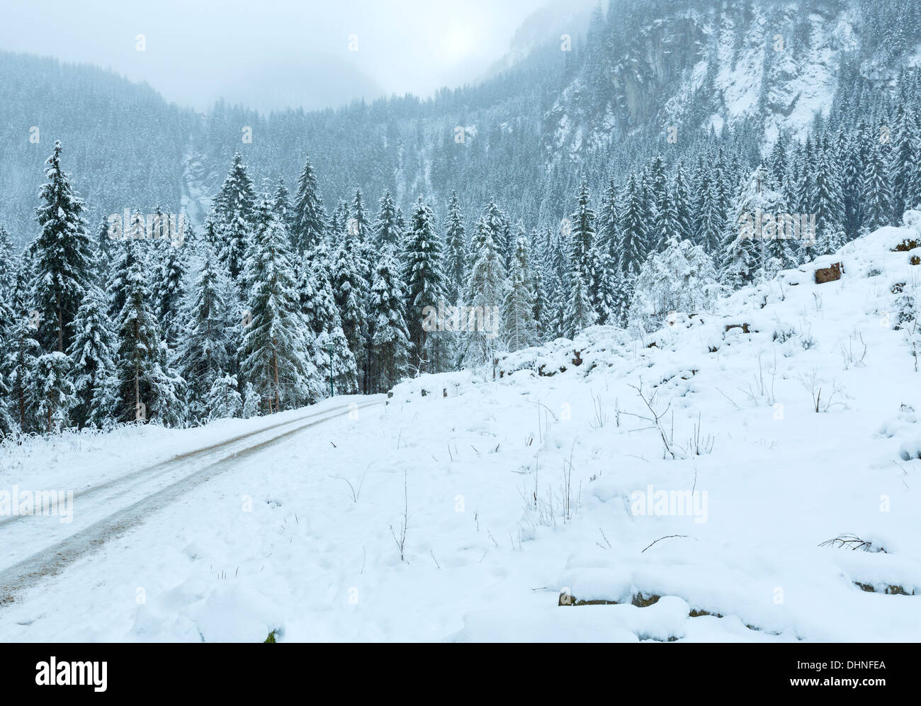 Alps overcast winter mountain landscape with country road and snowfall ...