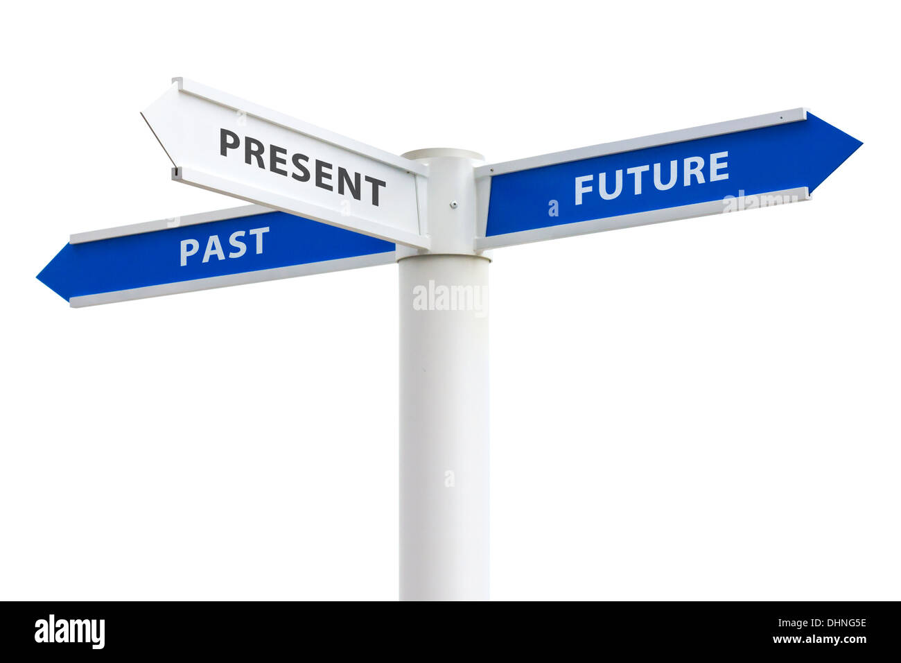 Past Present and Future on crossroads sign arrows isolated on white ...