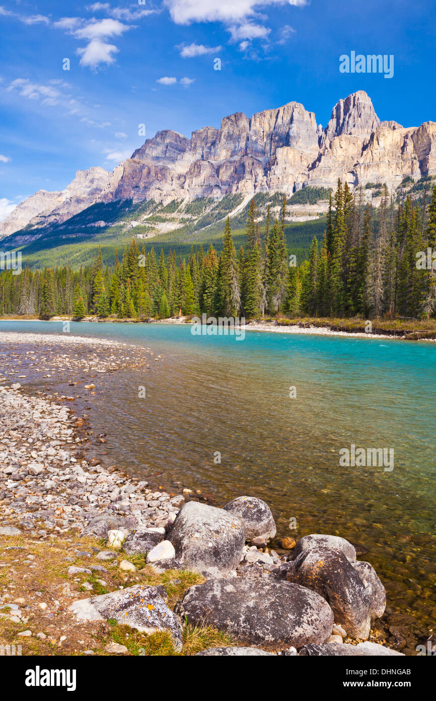 Castle Mountain behind the Bow river at castle Junction Bow Valley Parkway Banff national park ...