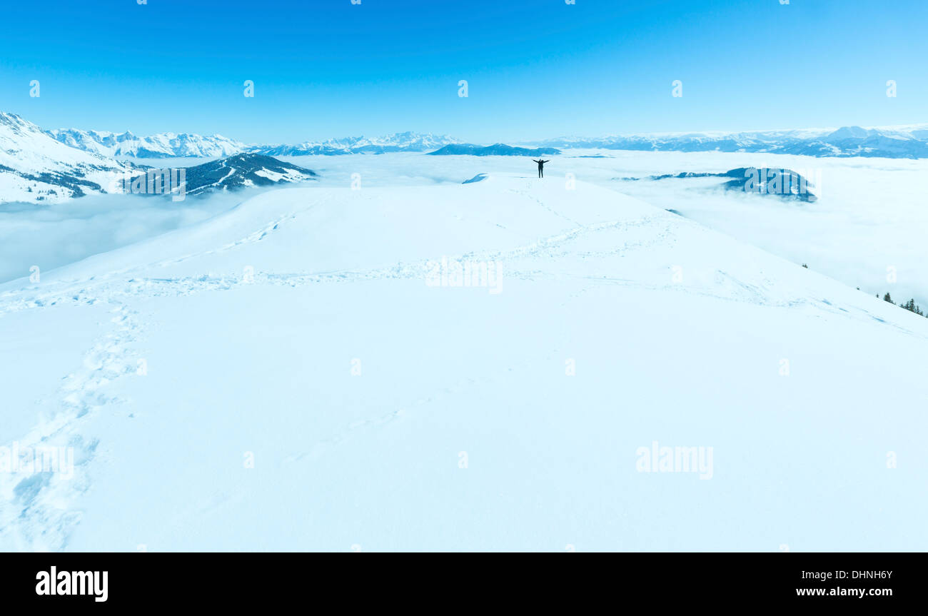 Woman on winter mountain Shneeberg top and view behind (Hochkoenig ...