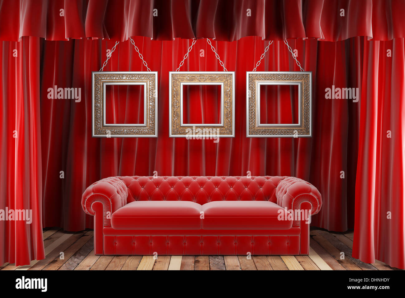 red fabric curtain with frames and sofa Stock Photo - Alamy