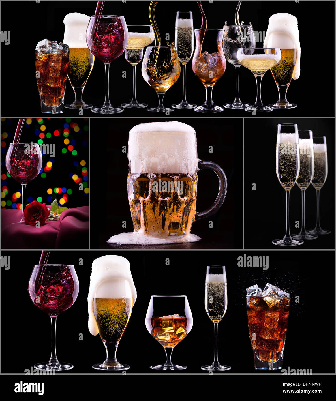 different images of alcohol - beer, martini, cola, champagne, wine ...