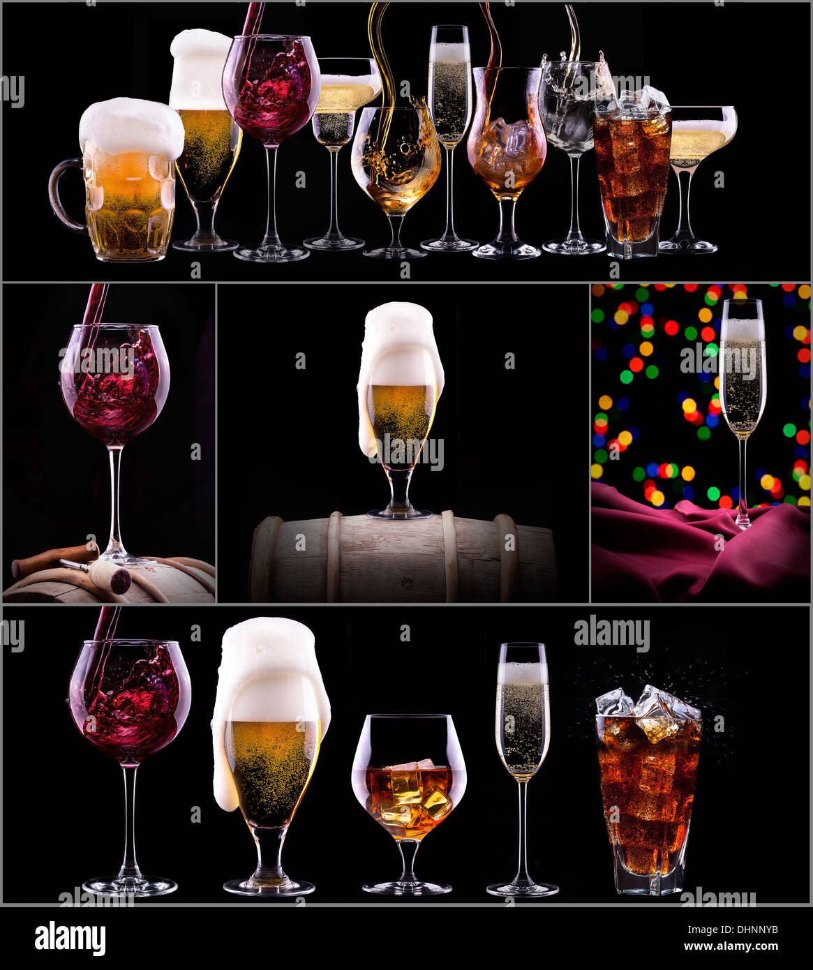 different images of alcohol - beer, martini, cola, champagne, wine ...
