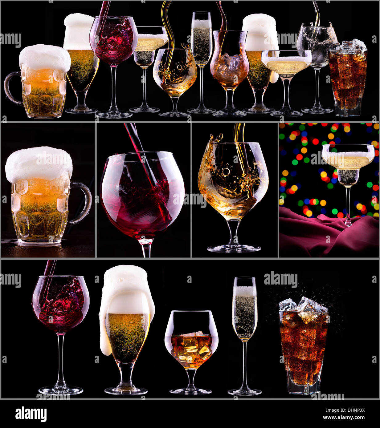 different images of alcohol - beer, martini, cola, champagne, wine ...