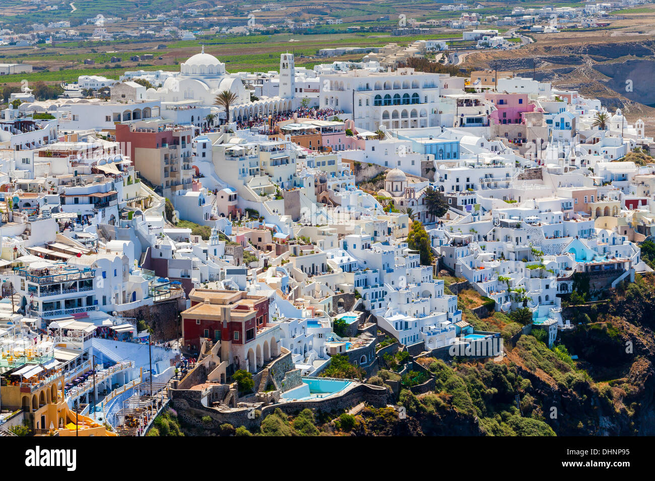 View of buildings on the caldera in principal town of Fira Santorini ...