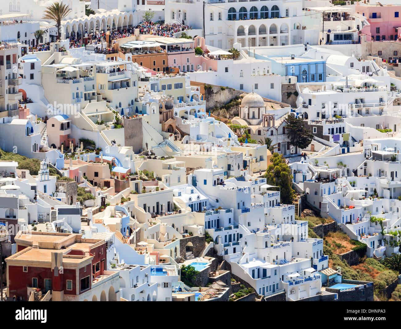 The close up view of buildings on the caldera in principal town of Fira ...
