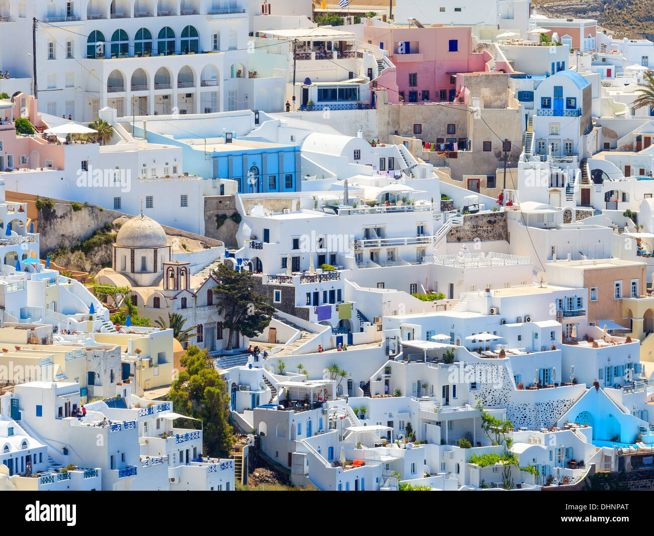 The close up view of buildings on the caldera in principal town of Fira ...