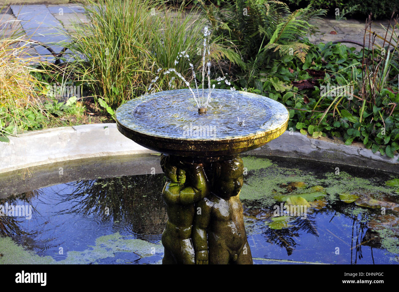 A close up view of a fountain at the Rookery, Stretham Common, London ...