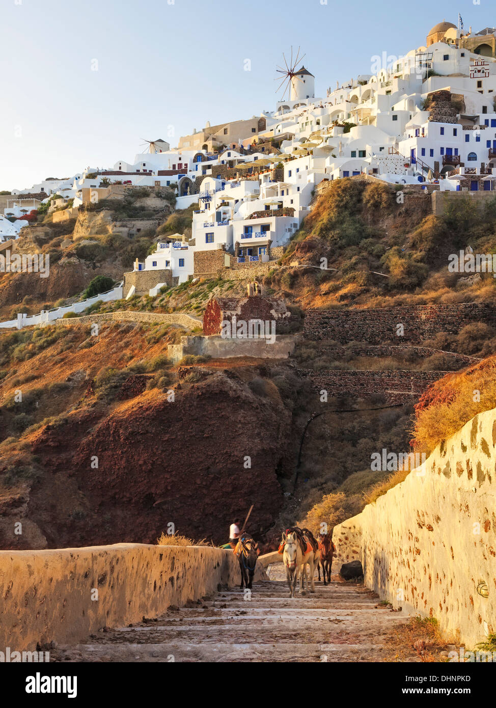 Evening light on the path down to Path to Ammoudi Bay Santorini with ...