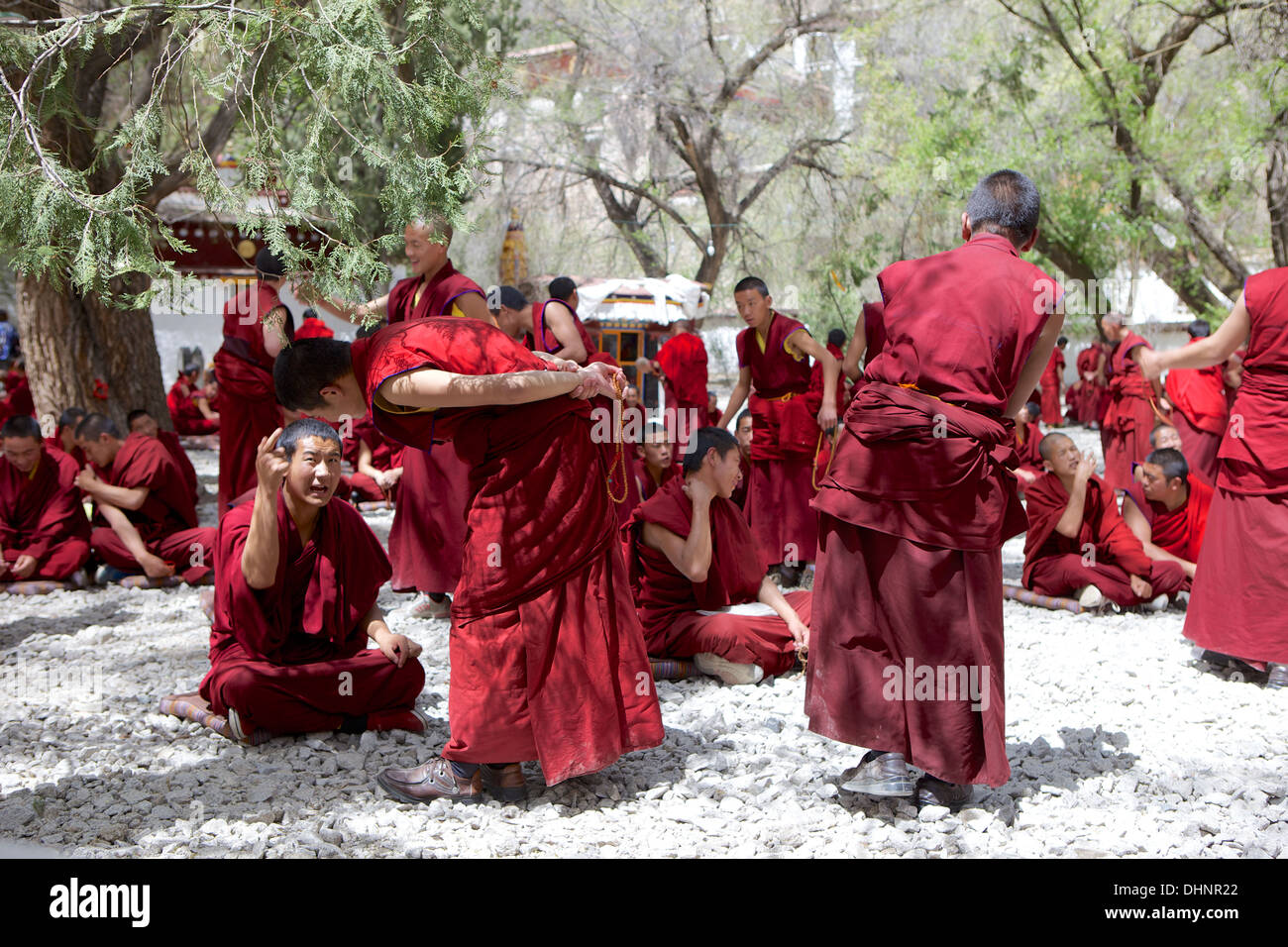 Young Tibetan Buddhist monks debating in the Debating Courtyard at Sera ...
