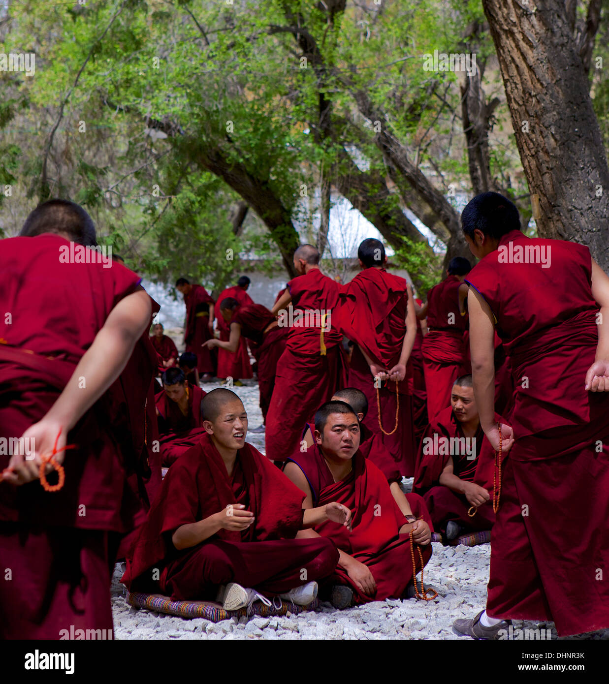 Young Tibetan Buddhist monks debating in the Debating Courtyard at Sera ...
