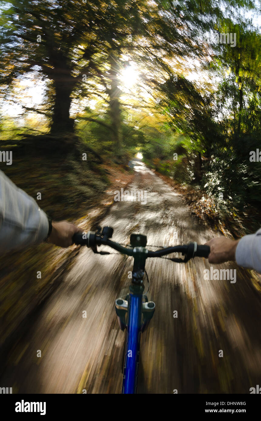 View over the handle bars along tree lined muddy bridal path country ...