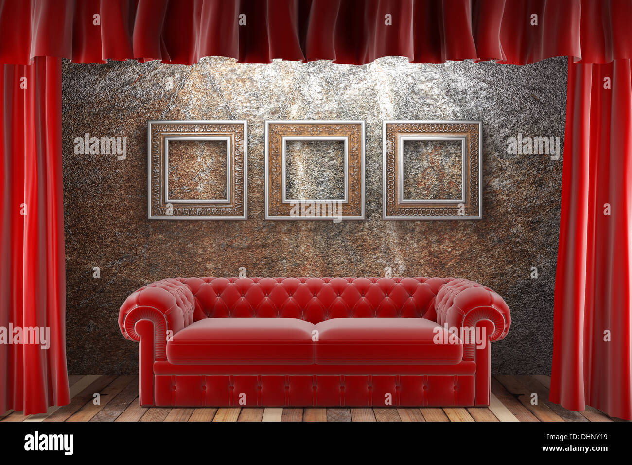 red fabric curtain with frames and sofa Stock Photo - Alamy