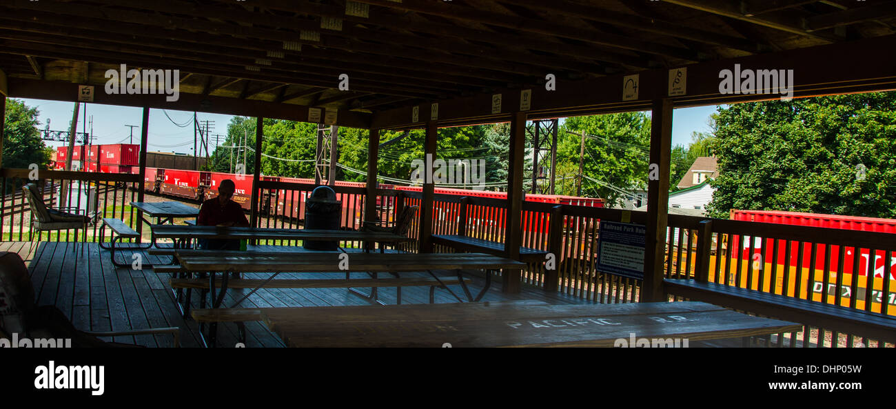 Train watchers at the Rochelle Railroad Park in Rochelle, Illinois, a ...