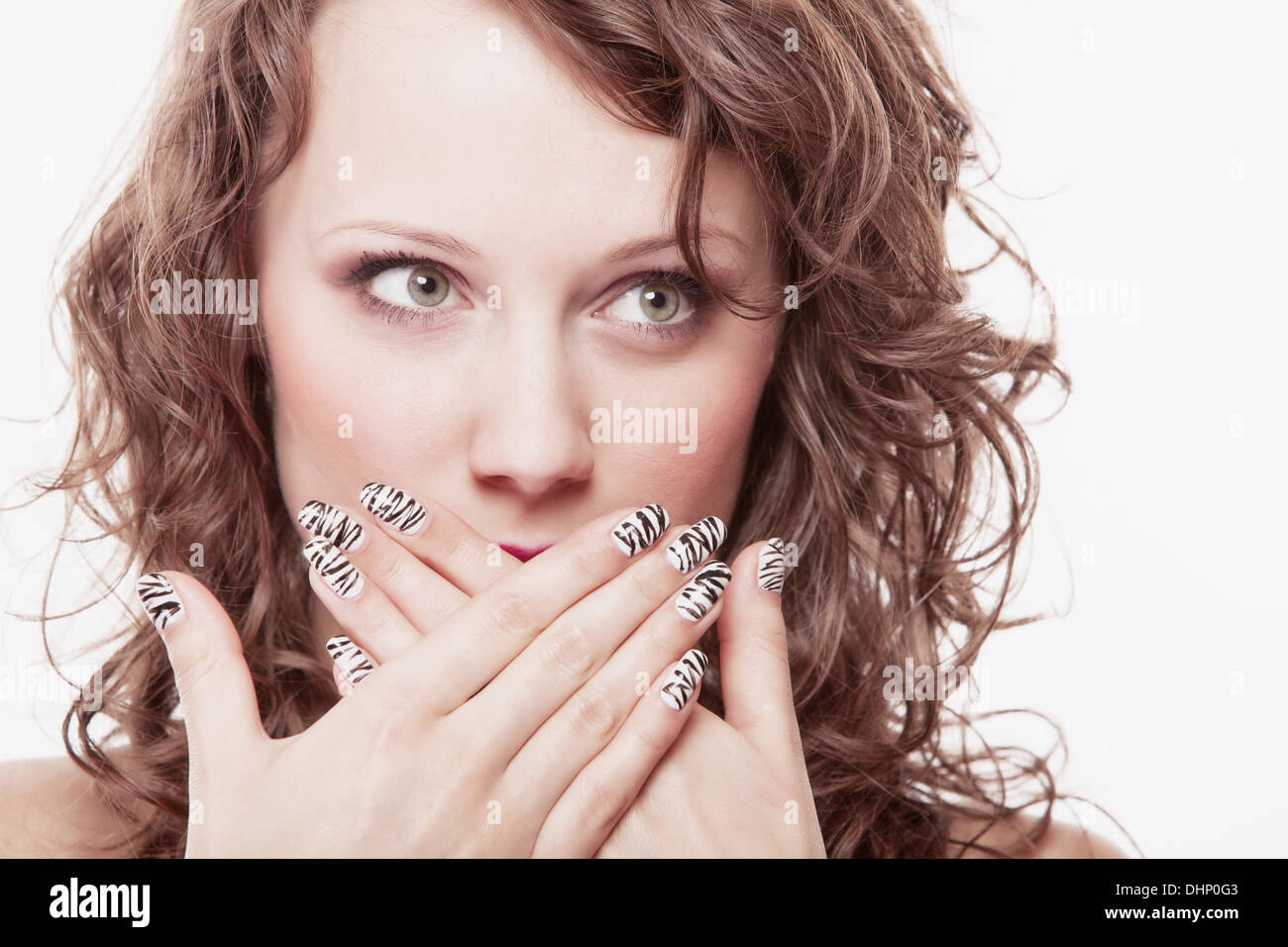 Speak no evil concept. Surprised woman face, girl covering her mouth ...