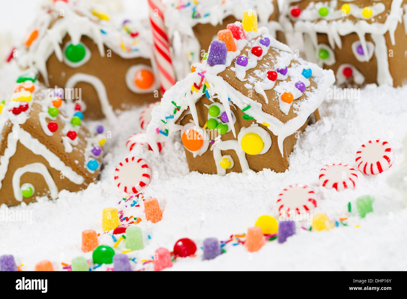 Closeup horizontal photo of Gingerbread houses surrounded by powered ...
