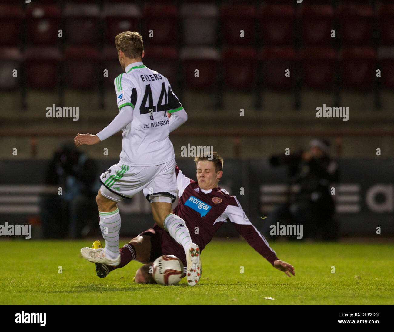 Edinburgh, Scotland. 13th Nov, 2013. Hearts Angus Beith, tackles ...