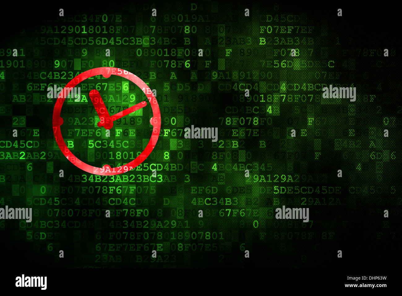 Timeline concept: pixelated Clock icon on digital background, empty ...