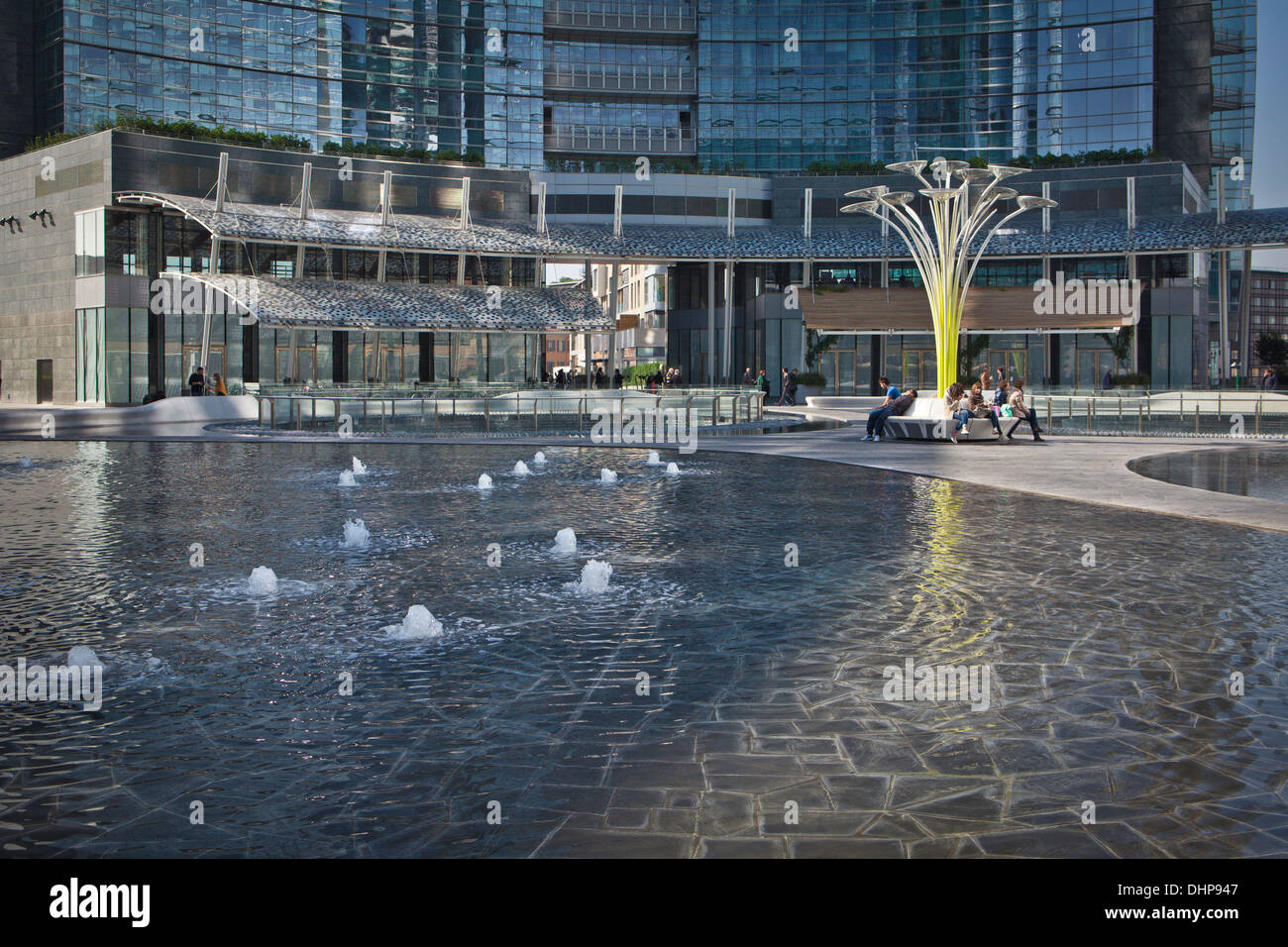 infinity fountain bench-sculpture in center solar tree tree ...