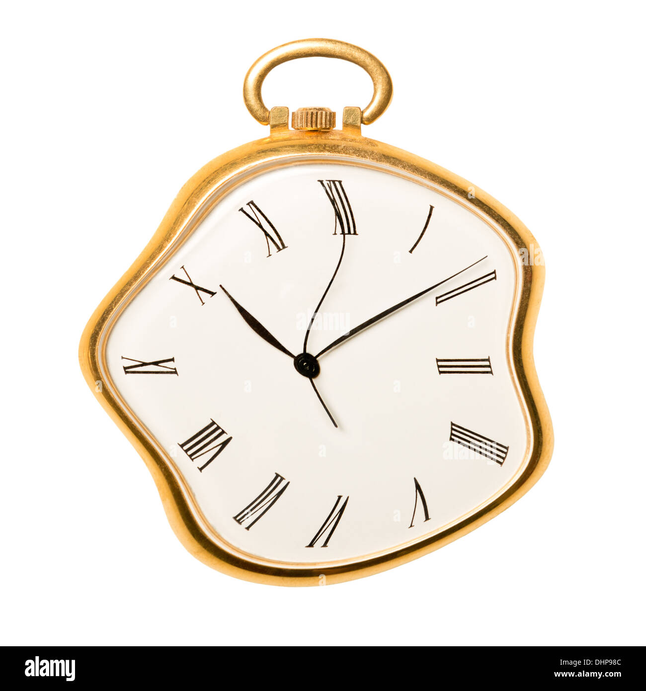 Melting golden pocket watch isolated on white background. Concept of ...