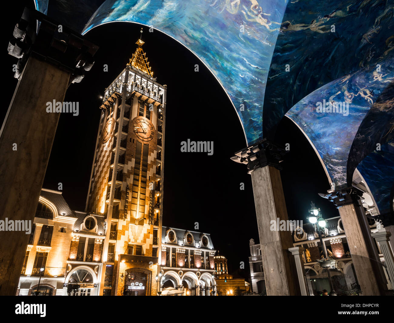 Piazza, the famous square in the old town of Batumi by night. Piazza is ...