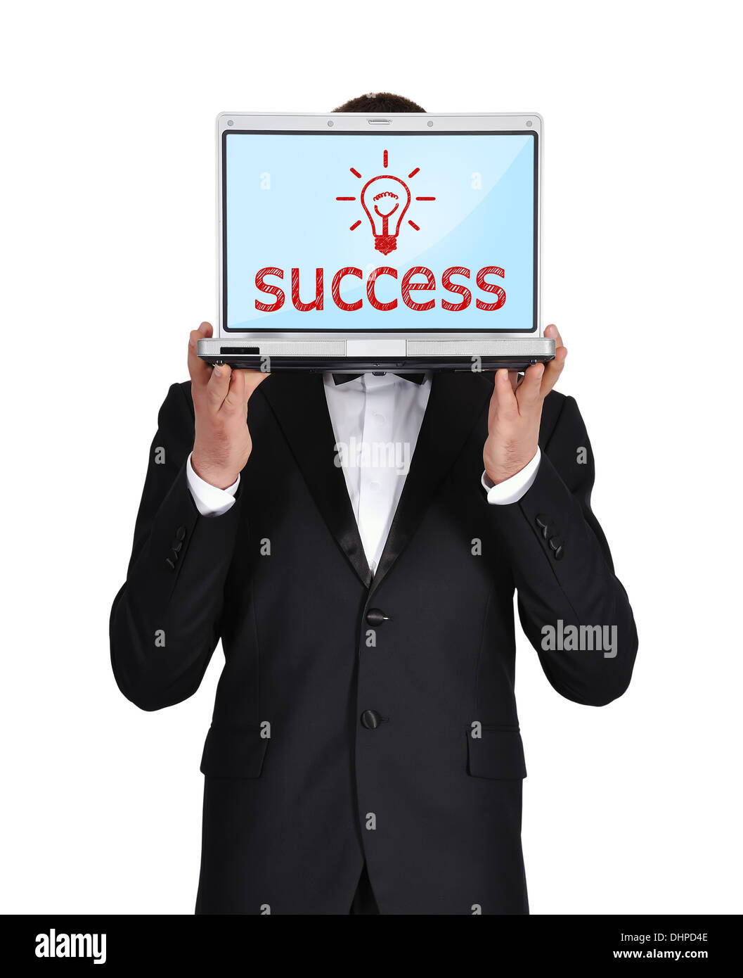 businessman holding laptop with success symbol Stock Photo - Alamy