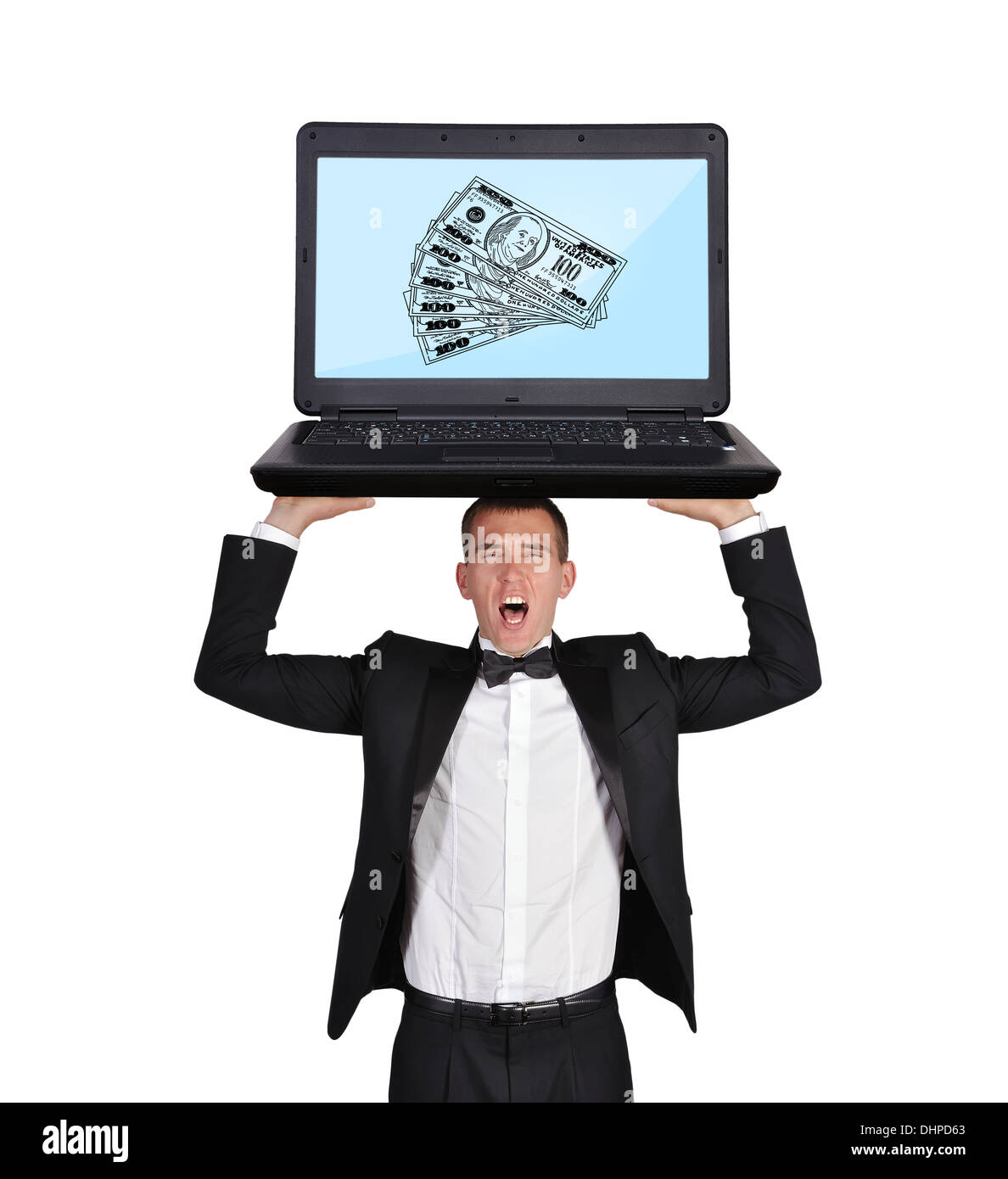 businessman screaming with laptop and money on screen Stock Photo - Alamy
