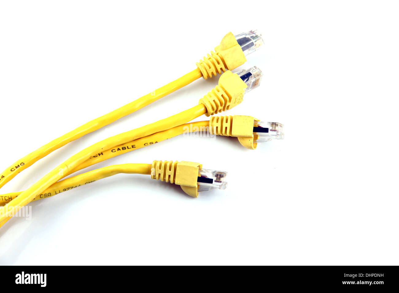 Yellow LAN Cables on white background Stock Photo - Alamy