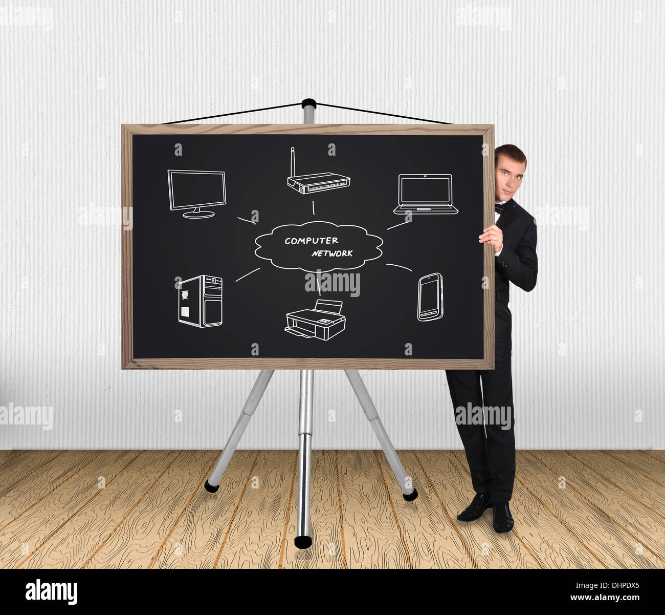 businessman in tuxedo and computer network blackboard Stock Photo - Alamy