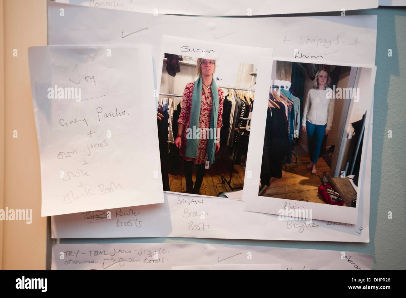 Polaroid pictures and notes showing models clothes and accessories ...