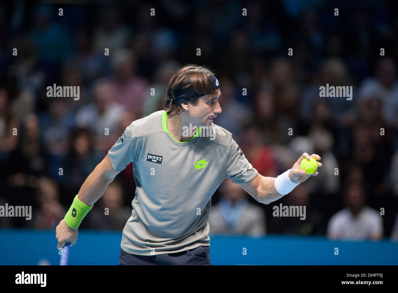 David Ferrer serving at the Barclays ATP World Tour Finals, The O2, Day ...