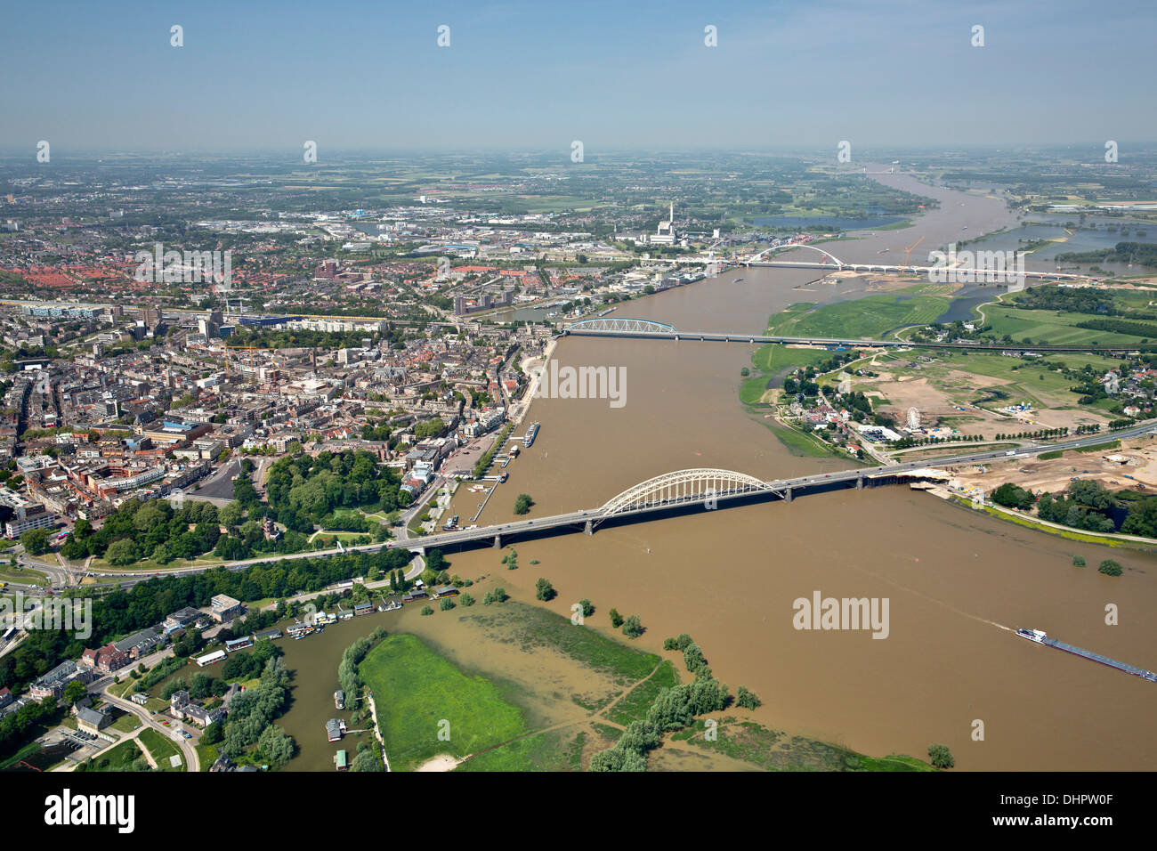Netherlands, Nijmegen. View on city and Waal river. Ships. Aerial Stock ...