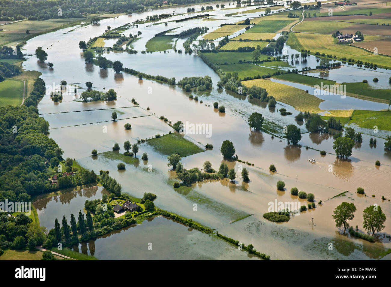 Netherlands, Voorst. IJssel river. Flood plains. Flooded land. Small yacht. Aerial Stock Photo ...